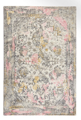 Pink Ochre Traditional Bordered Floral Easy to clean Rug for Dining ...
