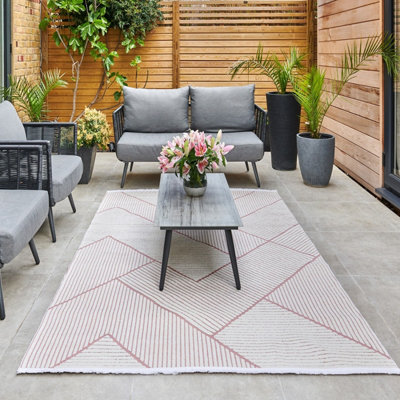 Pink Outdoor Rug, Geometric Striped Stain-Resistant Rug For Patio Decks ...