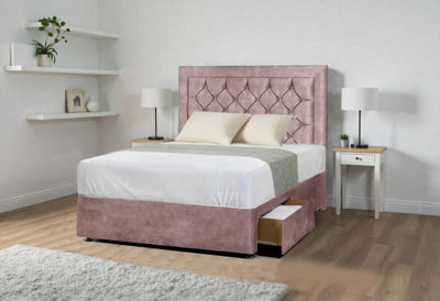 Pink Plush Velvet Divan Bed Set with 20" Chesterfield Headboard, 10 ...