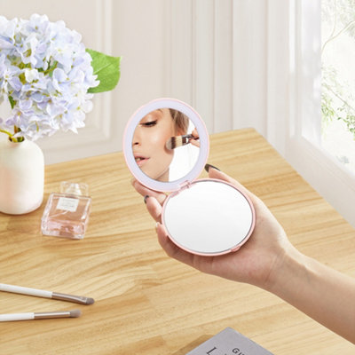 Pink Portable Round Design Double-Sided Makeup Mirror with LED Light ...