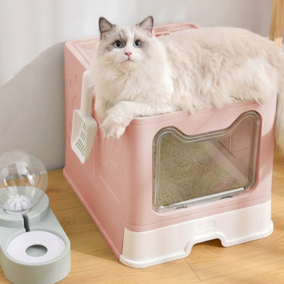 Pink Rectangle Top Entry Plastic Folding Cat Litter Box with Litter Shovel