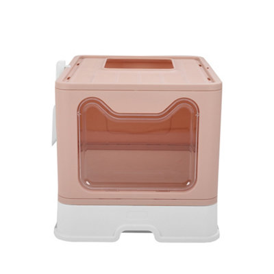 Pink Rectangle Top Entry Plastic Folding Cat Litter Box with Litter Shovel
