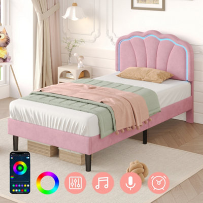 Pink Single Velvet Upholstered Bed Frame with RGB LED Adjustable Shell ...