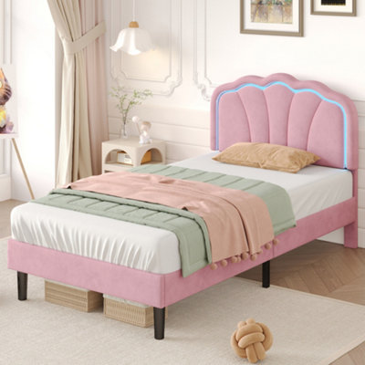 Pink Single Velvet Upholstered Bed Frame with RGB LED Adjustable Shell ...