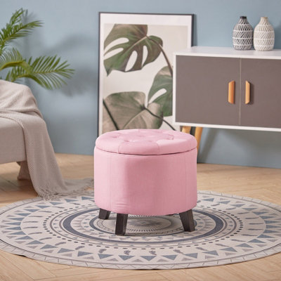 Pink Small Round Button Tufted Storage Ottoman with Rubberwood Legs Dia 490 x H 435 mm