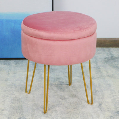 Pink Velvet Plush Round 38x45cms Storage Side Stool Box Ottoman Gold ...