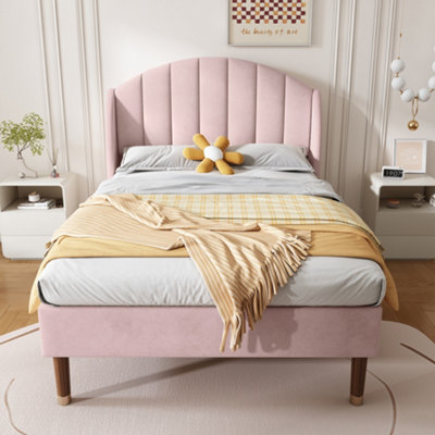 Pink Velvet Single Bed Frame 3ft (90x190cm) with Slatted Base ...