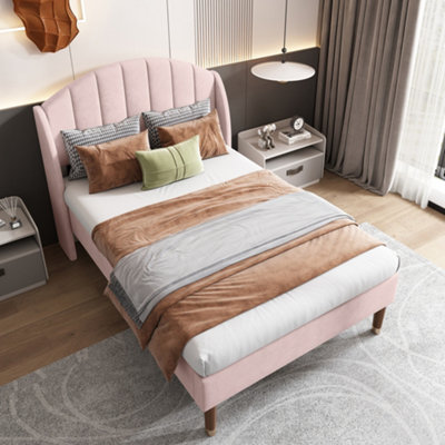 Pink Velvet Single Bed Frame 3ft (90x190cm) with Slatted Base ...