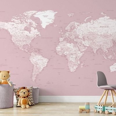 Pink World Map Wallpaper Mural - Peel & Stick Wallpaper - Size Medium ...