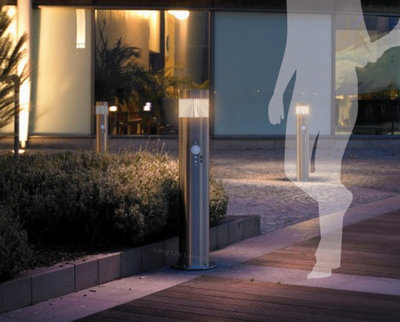 PIR LED BOLLARD GARDEN LAMP POST STAINLESS STEEL OUTDOOR PIR GROUND ...