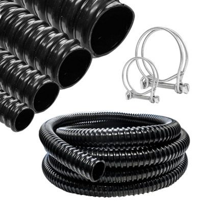 Pisces 15m Pond Hose 25mm with Clips Flexible Black PVC Corrugated Pipe ...