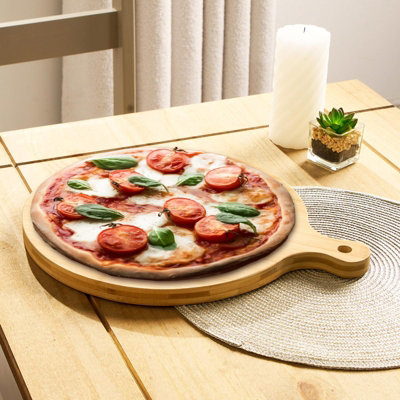 Pizza Serving Board Wooden Bamboo Food Round Cutting with Handle ...
