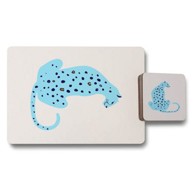 Placemat And Coaster Set Blue Leopard Print Designer Artwork With Wood ...
