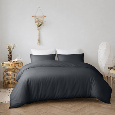 PLAIN CHARCOAL DOUBLE COTTON DUVET COVER WITH PILLOWCASE, 3 PIECE SET ...
