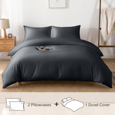 PLAIN CHARCOAL DOUBLE COTTON DUVET COVER WITH PILLOWCASE, 3 PIECE SET ...