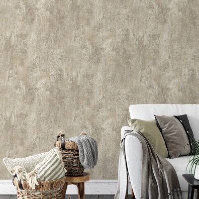 Plain Cream Distressed Stone Concrete Effect Cove Texture Feature Wallpaper