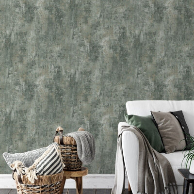 Plain Jade Green Distressed Stone Concrete Effect Cove Texture Wallpaper