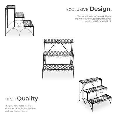 Plant Stand - 3 levels, stabilising back struts, 60 x 60 x 60 cm - black