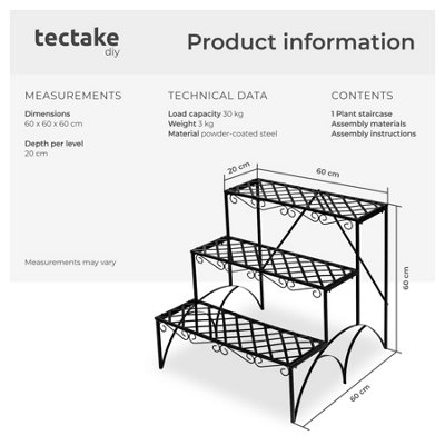 Plant Stand - 3 levels, stabilising back struts, 60 x 60 x 60 cm - black