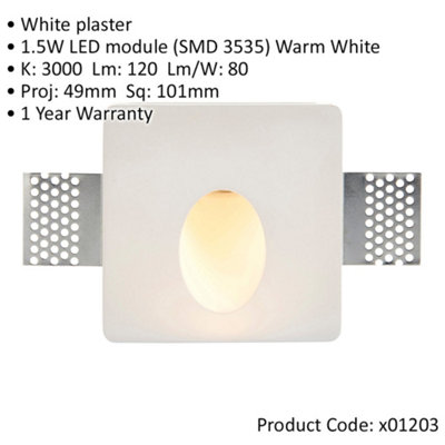 Plaster-In Square Wall Light - 1.5W Warm White LED Module - Trimless Design