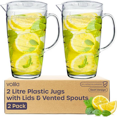 Plastic Jug 2L (2 Pack) - Swirl Design Pitcher with Lid & Vented Spout ...
