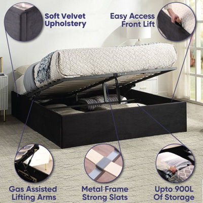 Platform Ottoman Bed Small Double Black Storage Bed Frame - No Mattress