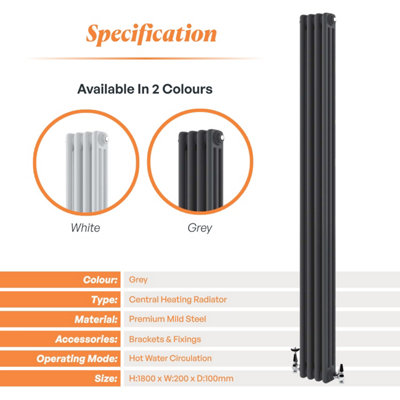 Plum&Clay Braxton Grey Triple Vertical Column Radiator (H)1800mm (W)200mm