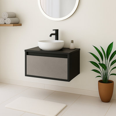 Plum&Clay Declan Black & Concrete Wall Mounted Vanity Unit with Black ...