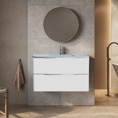 Plum&Clay Eden Gloss White Wall Hung Vanity Unit with White Glass Basin ...