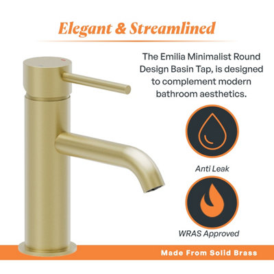 Plum&Clay Emilia Brushed Gold Round Deck-mounted Basin Mono Mixer Tap ...