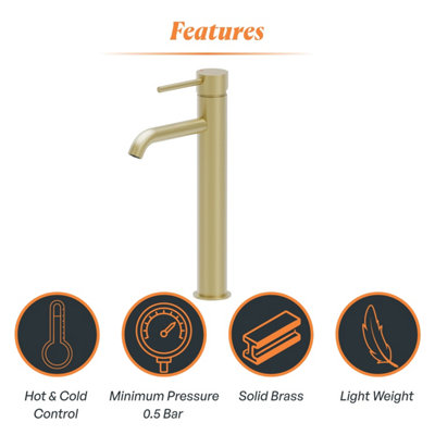 Plum&Clay Emilia Brushed Gold Round Deck-mounted Tall Basin Mono Mixer Tap