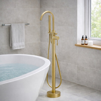 Plum&Clay Emilia Brushed Gold Round Floor Standing Bath Shower Mixer Tap