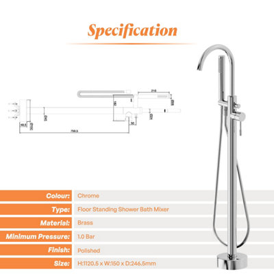 Plum&Clay Emilia Polished Chrome Round Floor Standing Bath Shower Mixer Tap