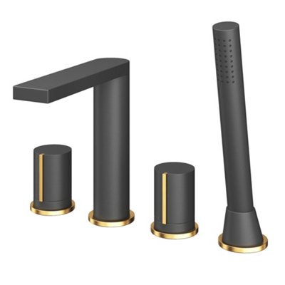 Plum&Clay Enzo Black & Gold Round 4-Hole Deck Mounted Bath Shower Mixer ...