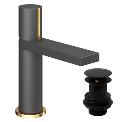 Plum&Clay Enzo Black & Gold Round Deck-mounted Basin Mono Mixer Tap ...