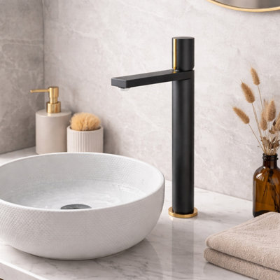 Plum&Clay Enzo Black & Gold Round Deck-mounted Tall Basin Mono Mixer Tap