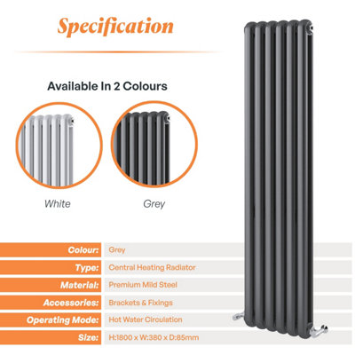 Plum&Clay Estelle Grey Double Vertical Column Radiator (H)1800mm (W)380mm