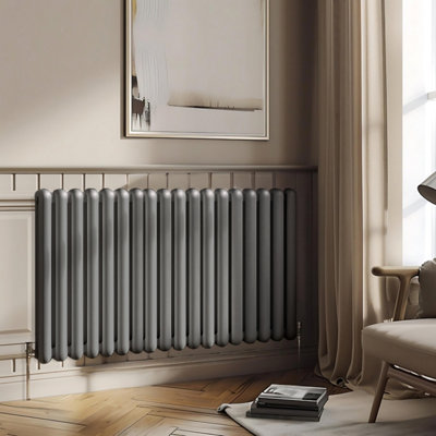 Plum&Clay Estelle Grey Horizontal Double Column Radiator (H)600mm (W)1100mm