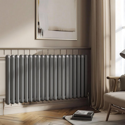 Plum&Clay Estelle Grey Horizontal Double Column Radiator (H)600mm (W)1340