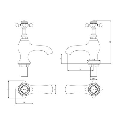 Plum&Clay Georgina Traditional Chrome Deck Mounted Pair of Bath Pillar Taps