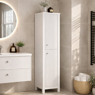 Plum&Clay Harper Ribbed White Floor Standing Bathroom Tall Storage Unit