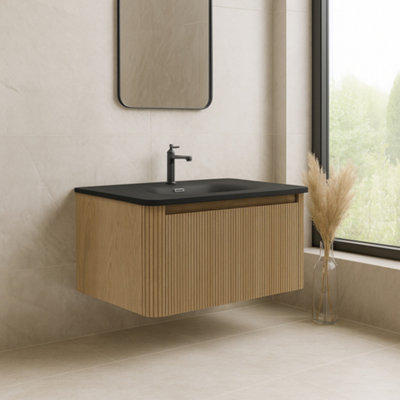 Plum&Clay Isla Fluted Oak Wood Wall Hung Drawer Vanity Unit & Black ...