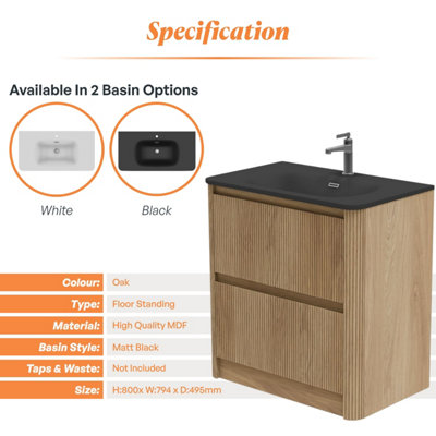 Plum&Clay Isla Ribbed Fluted Oak Wood 2 Drawer Freestanding Bathroom ...