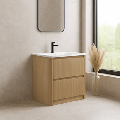 Plum&Clay Isla Ribbed Fluted Oak Wood 2 Drawer Freestanding Bathroom ...