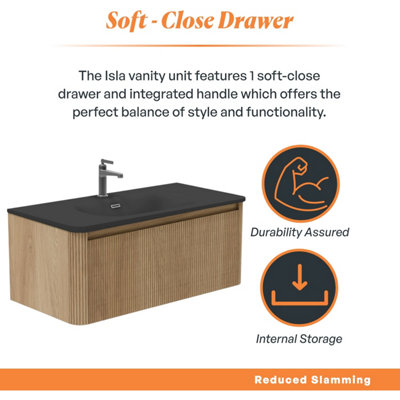 Plum&Clay Isla Ribbed Fluted Oak Wood Wall Hung Drawer Vanity Unit ...
