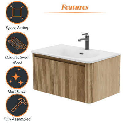 Plum&Clay Isla Ribbed Fluted Oak Wood Wall Hung Drawer Vanity Unit ...