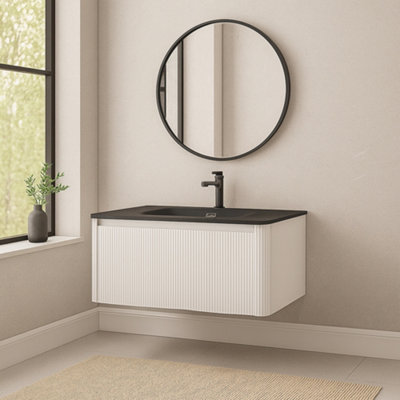 Plum&Clay Isla Ribbed Fluted White Wall Hung Drawer Vanity Unit & Black ...