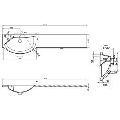 Plum&Clay Left Hand L-Shaped Curved Semi-Recessed Shallow Depth Basin ...