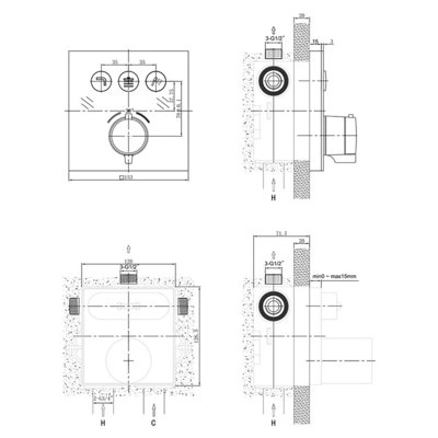 Plum&Clay Lennox Triple Outlet Concealed Shower Valve with Glass Front