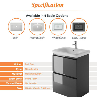 Plum&Clay Marvel Gloss Dark Grey Floor Standing Bathroom Vanity Unit ...